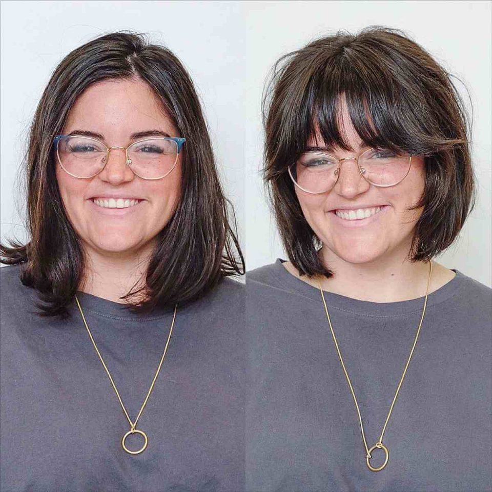60 Penteados da moda com franja para rosto redondo